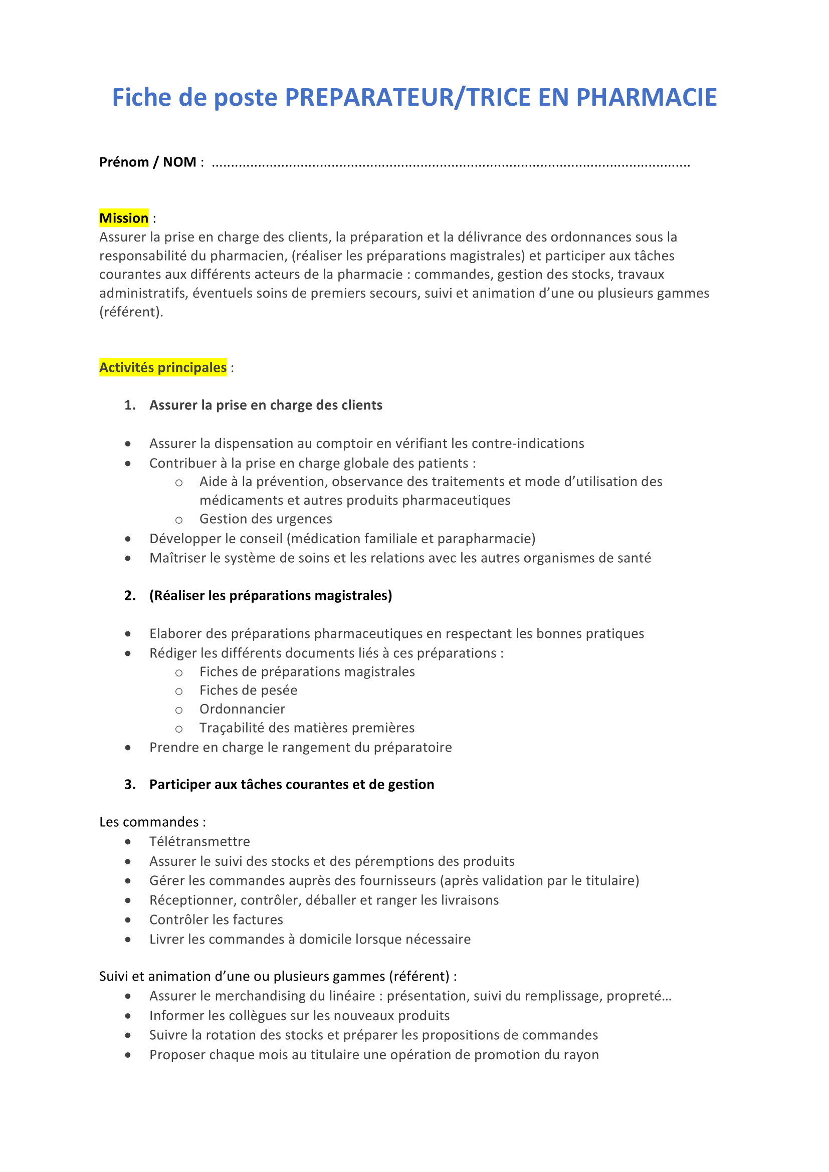 La fiche de poste d’un/e préparateur/préparatrice - Smart Team